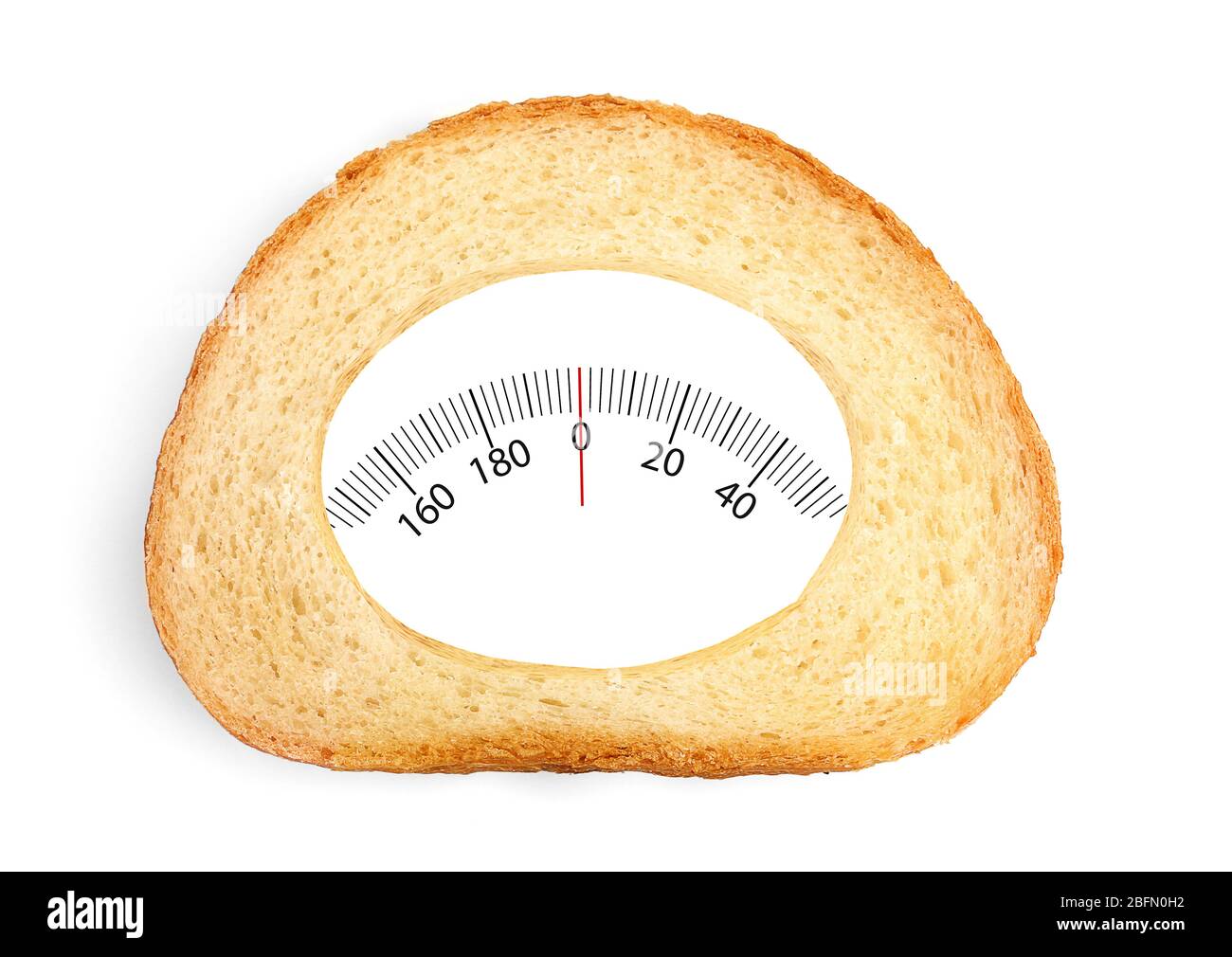 Slice of wheat bread with weights range isolated on white. Health and ...