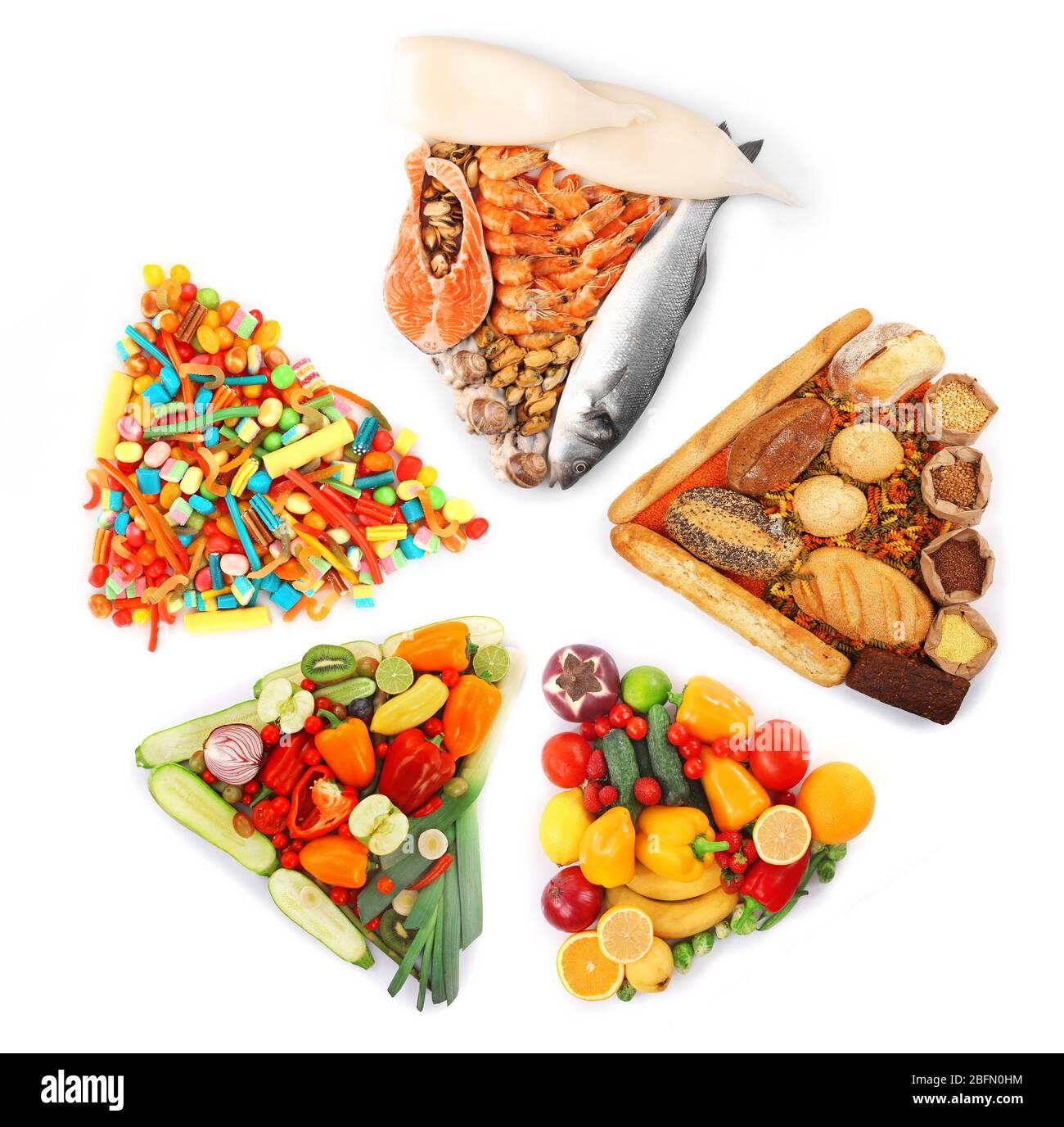 Different food in shape of triangles isolated on white Stock Photo - Alamy