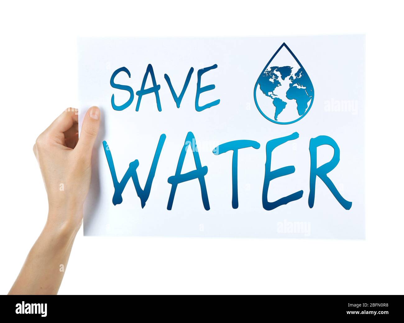 Save Water text on piece of paper in hand isolated on white Stock Photo ...