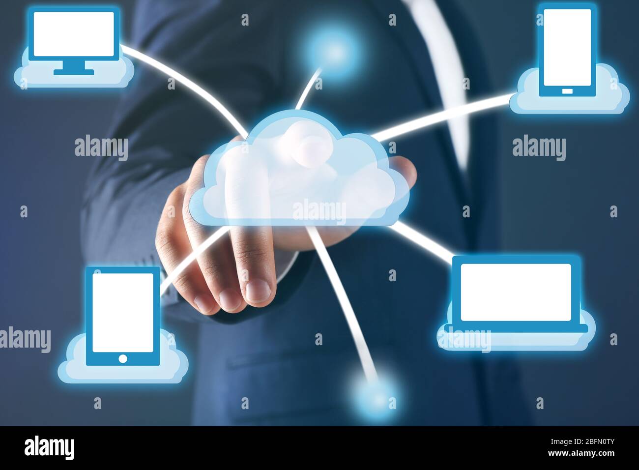 Man pushing touch cloud computing button on virtual screen Stock Photo ...