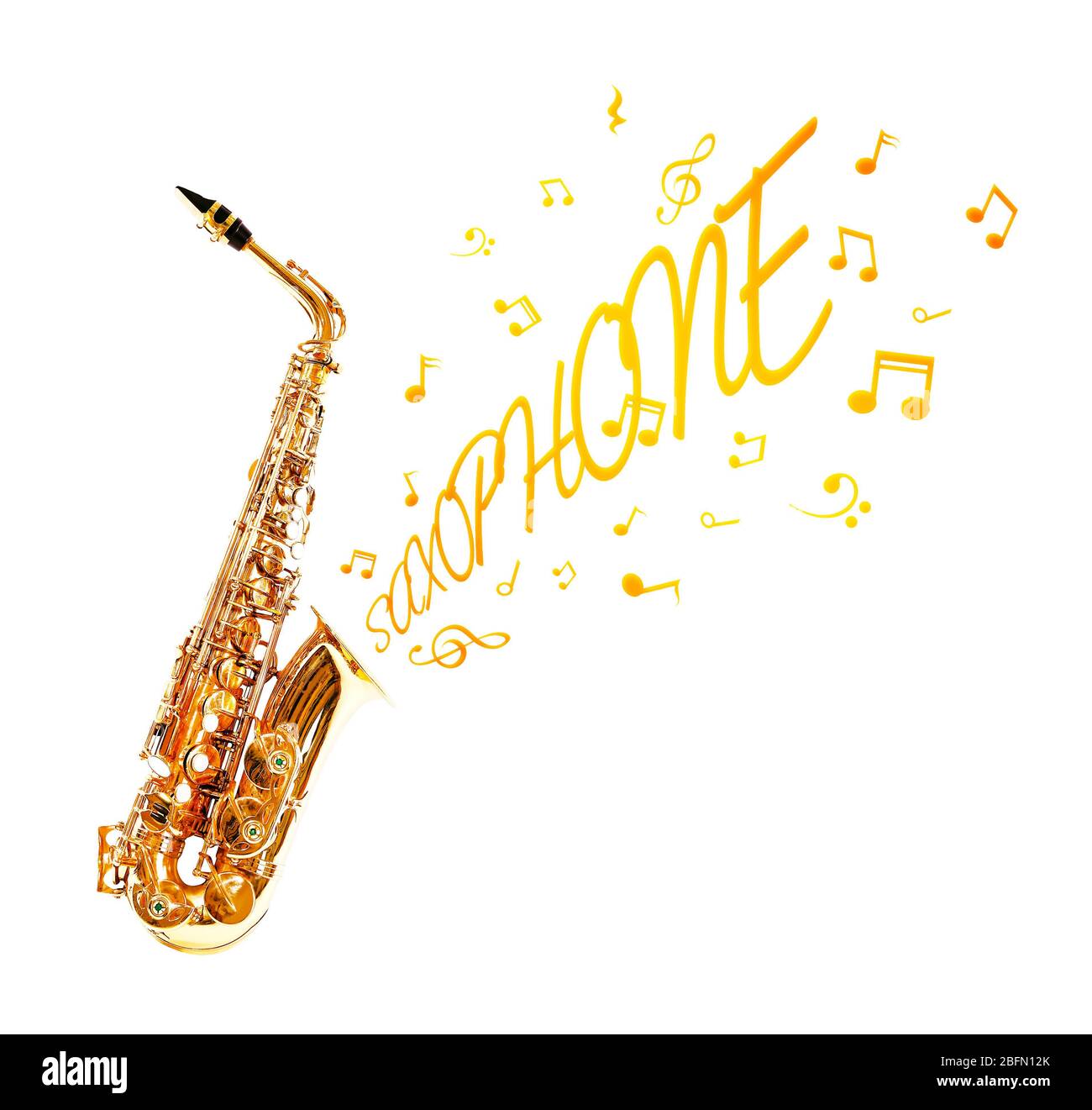 Saxophone and notes coming out isolated on white Stock Photo - Alamy