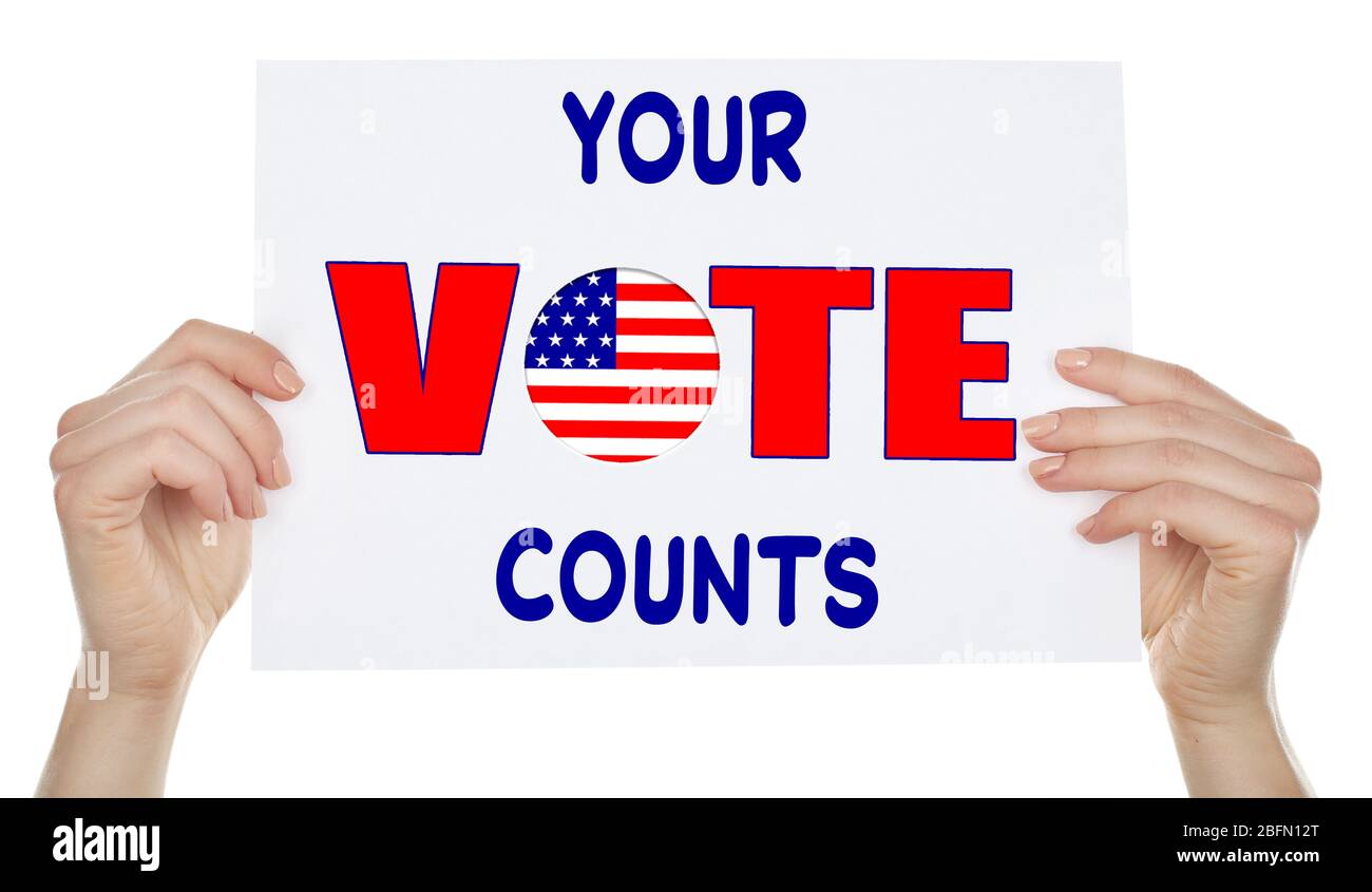 Hands holding card with Your Vote Counts text isolated on white Stock ...