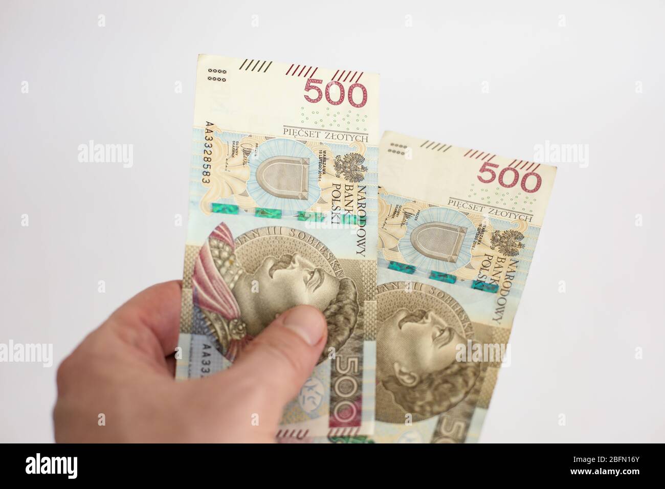 close up of two banknotes with a face value of PLN 500 Polish money ...