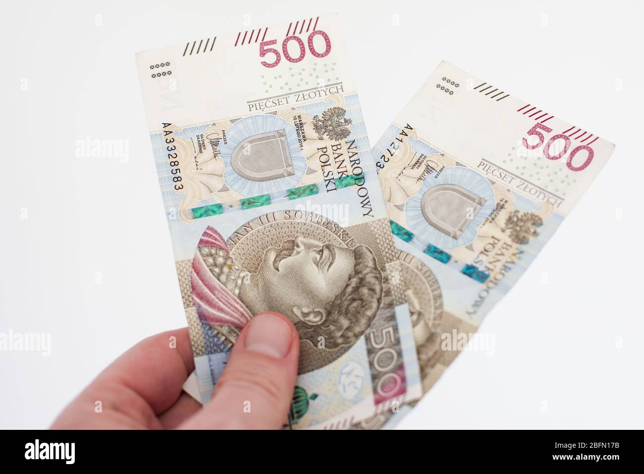 close up of two banknotes with a face value of PLN 500 Polish money ...
