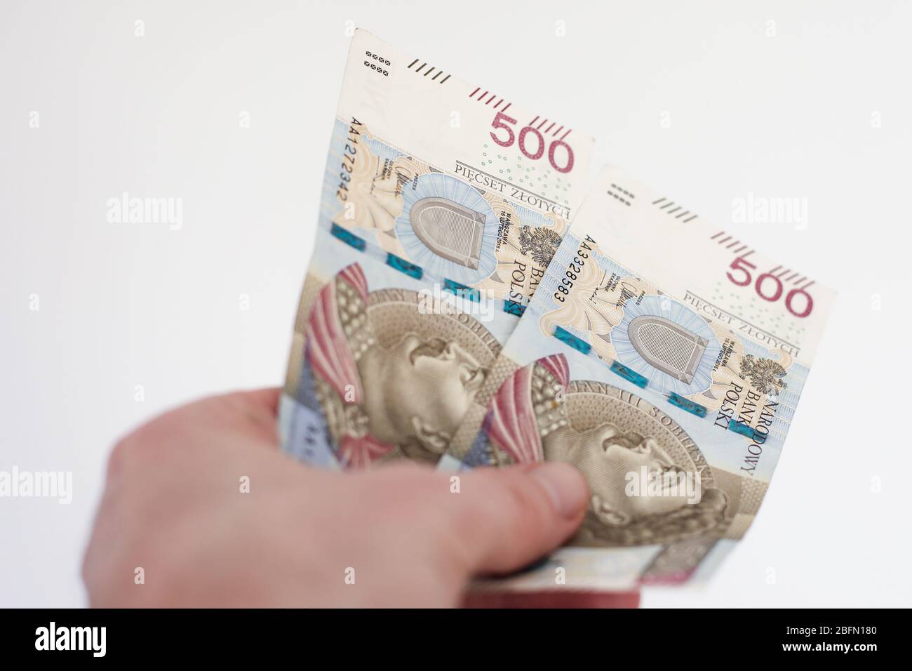 close up of two banknotes with a face value of PLN 500 Polish money ...