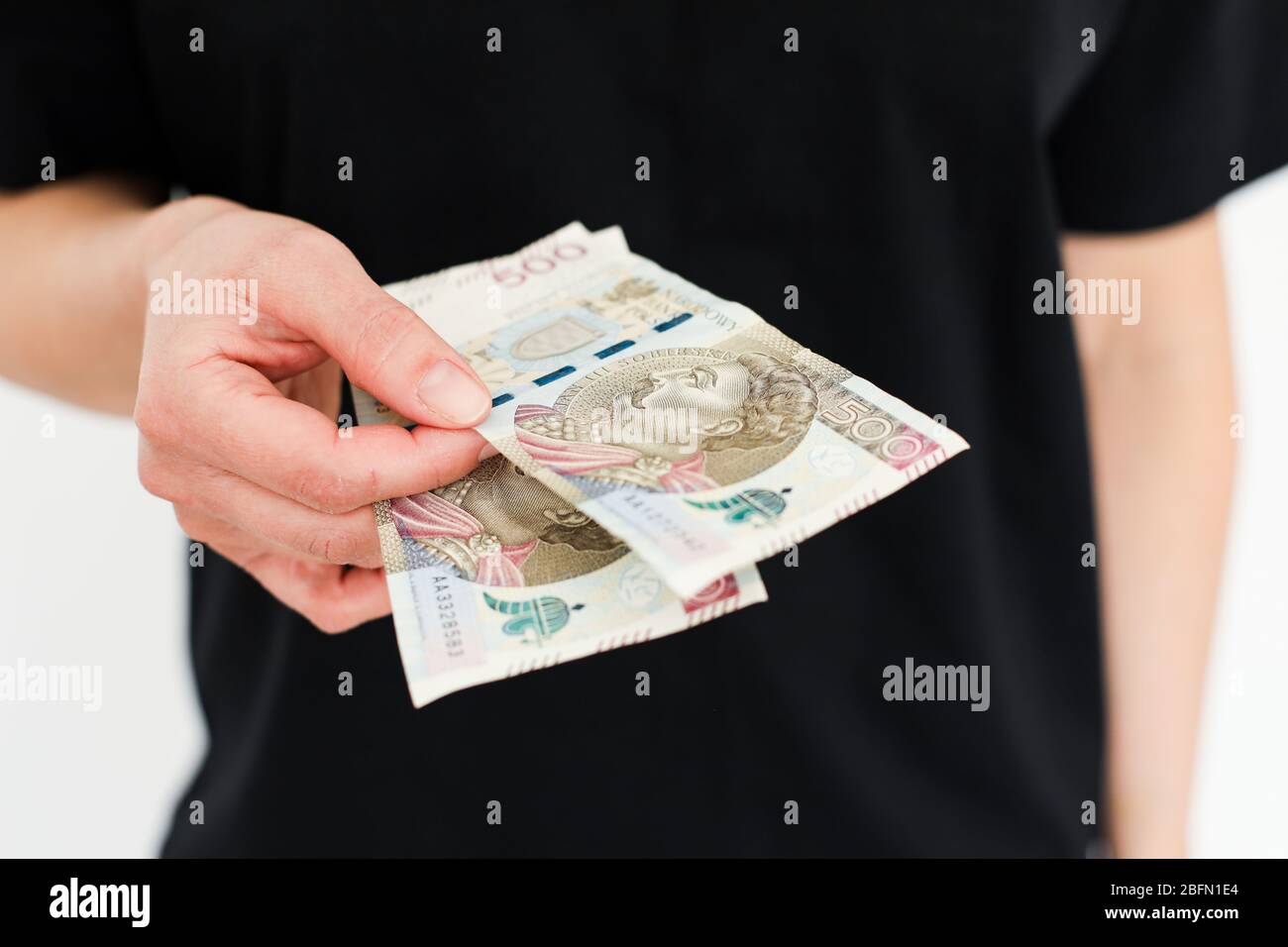 Close up of two banknotes with a face value of PLN 500 Polish money ...