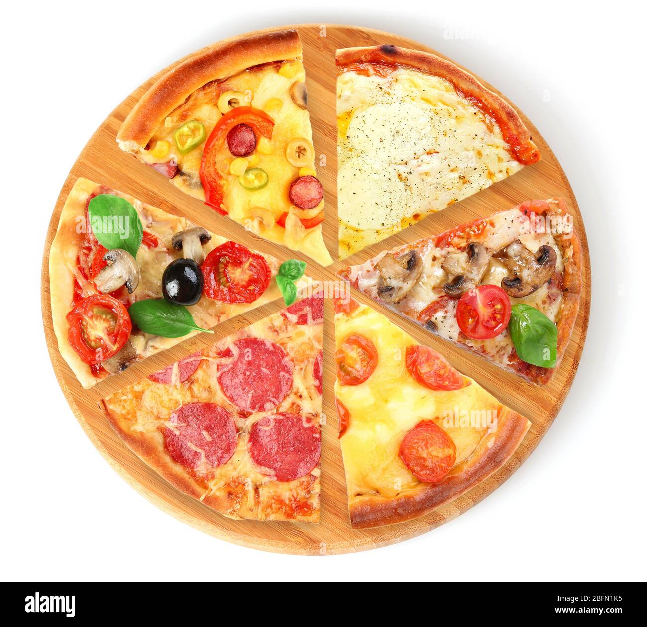 Different slices of pizza on board isolated on white Stock Photo - Alamy