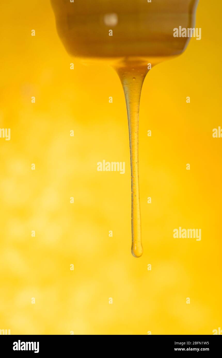 Melted caramel dripping. Pouring stream of caramel sauce. Hot sweet ...