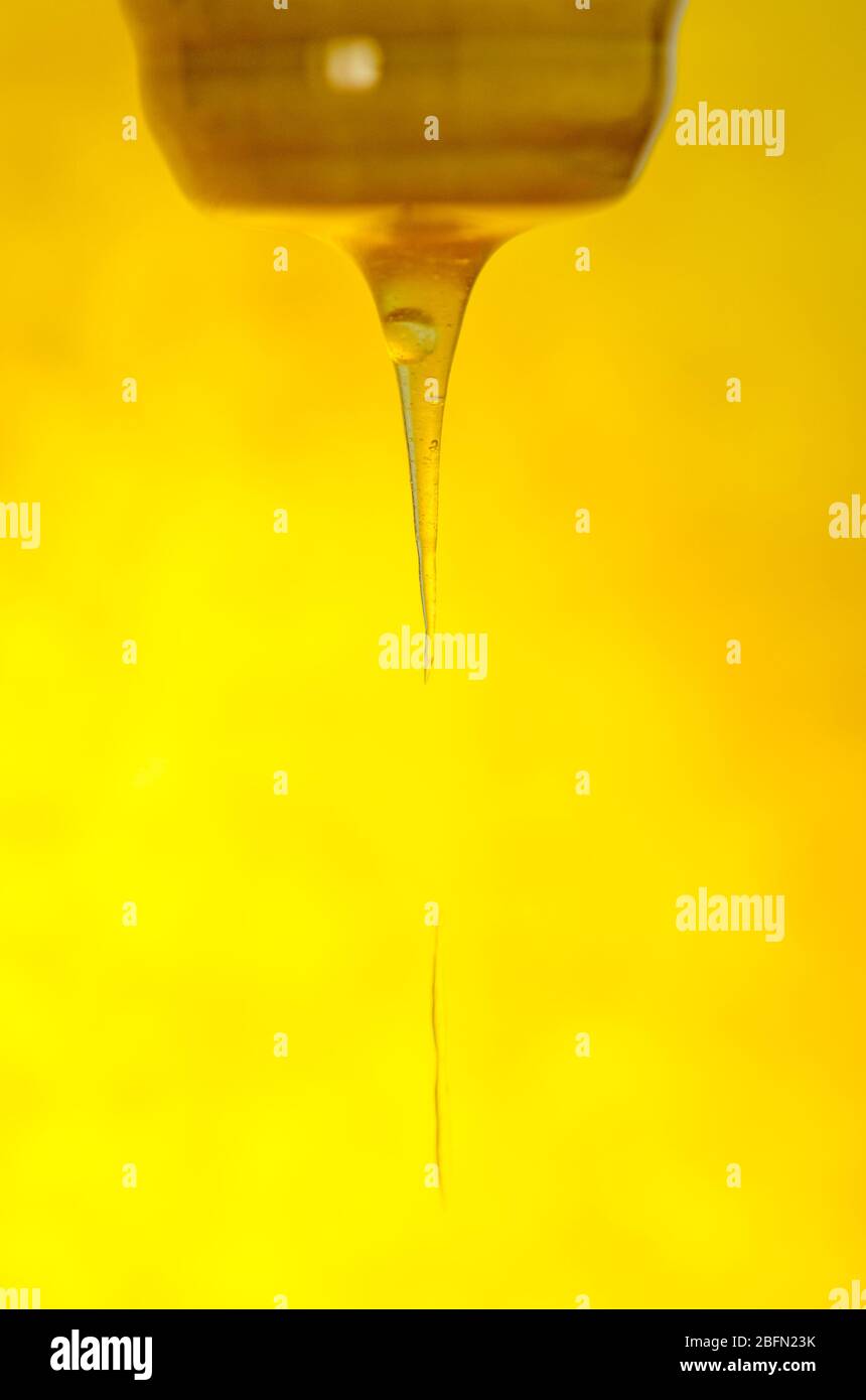 Melted caramel dripping. Pouring stream of caramel sauce. Hot sweet ...