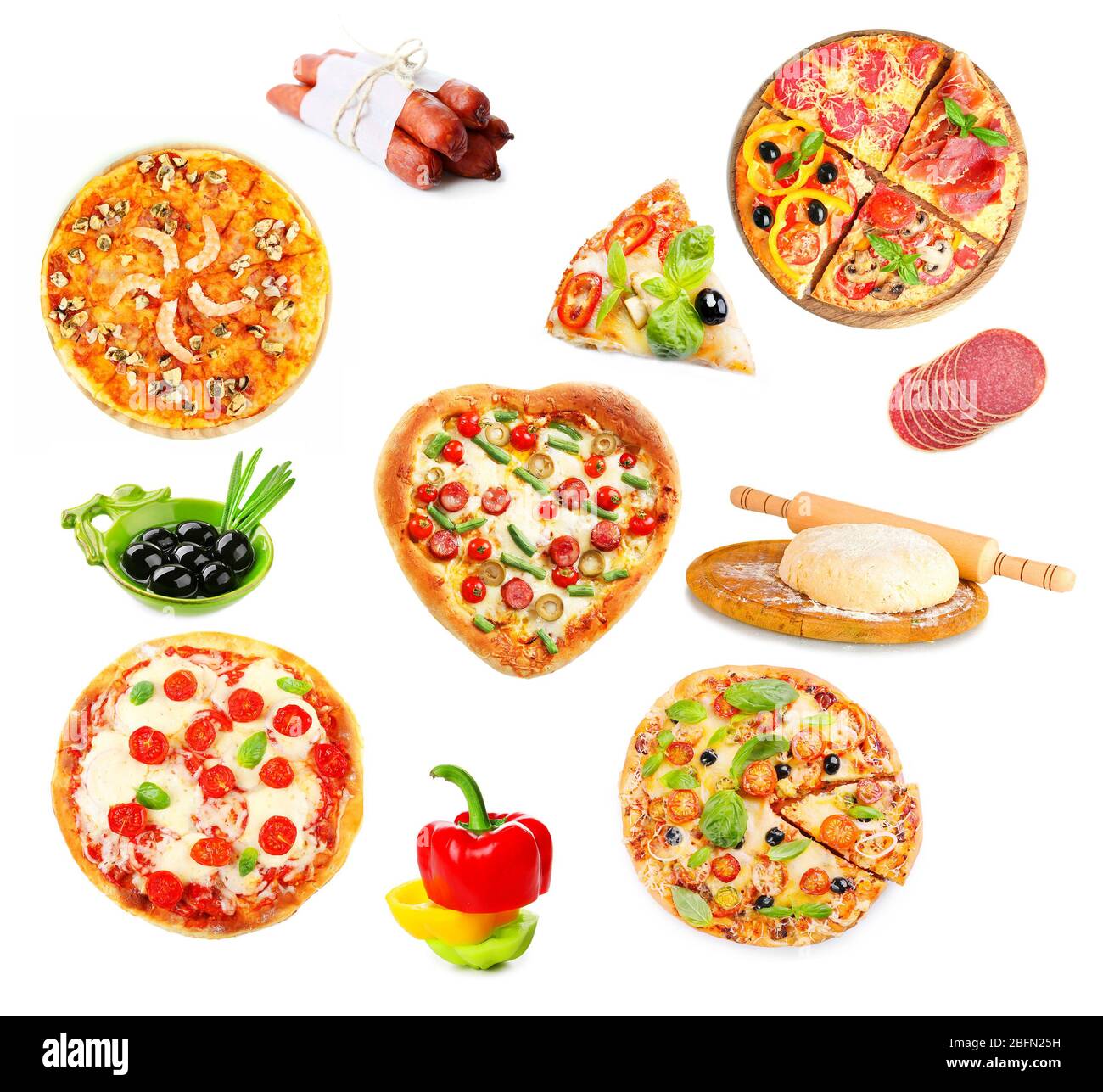 Collage of pizza and ingredients isolated of white Stock Photo - Alamy