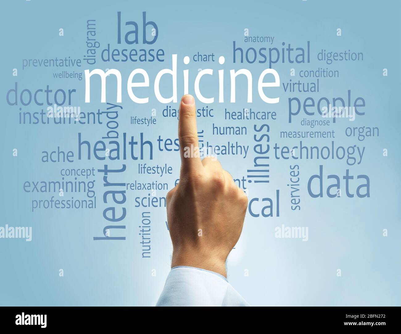 Doctor hand pointing at word cloud on blue background. Medical concept ...