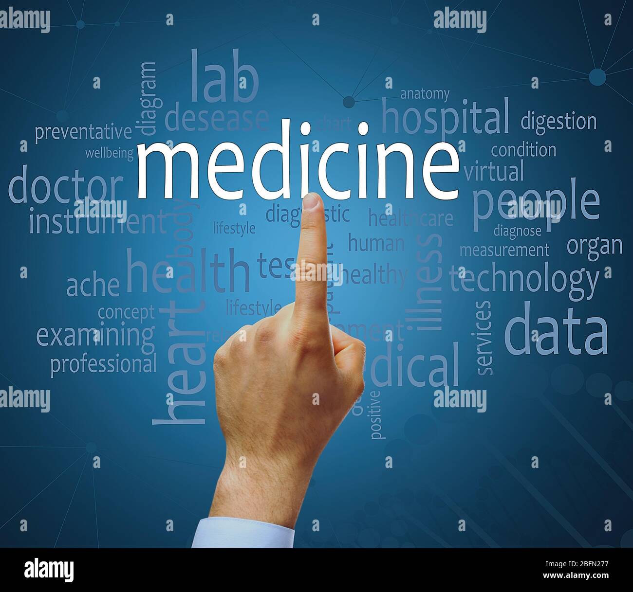 Doctor hand pointing at word cloud on blue background. Medical concept ...