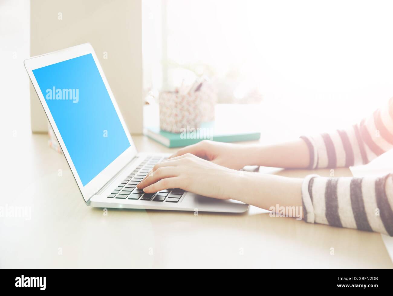 Female hands using laptop Stock Photo - Alamy