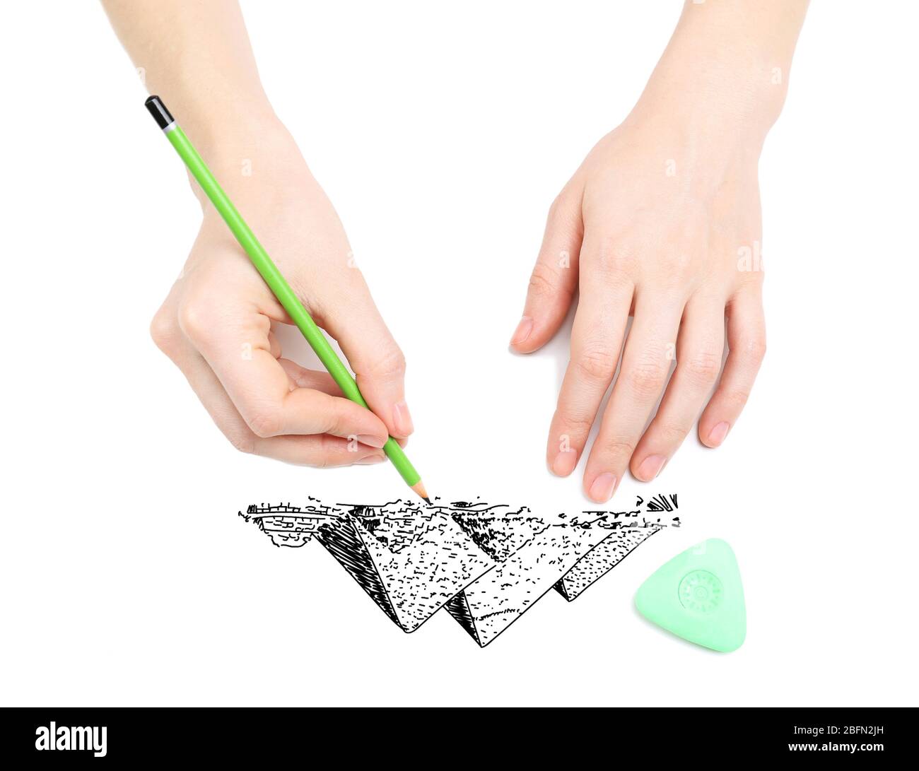 Human hands drawing pyramids isolated on white Stock Photo - Alamy