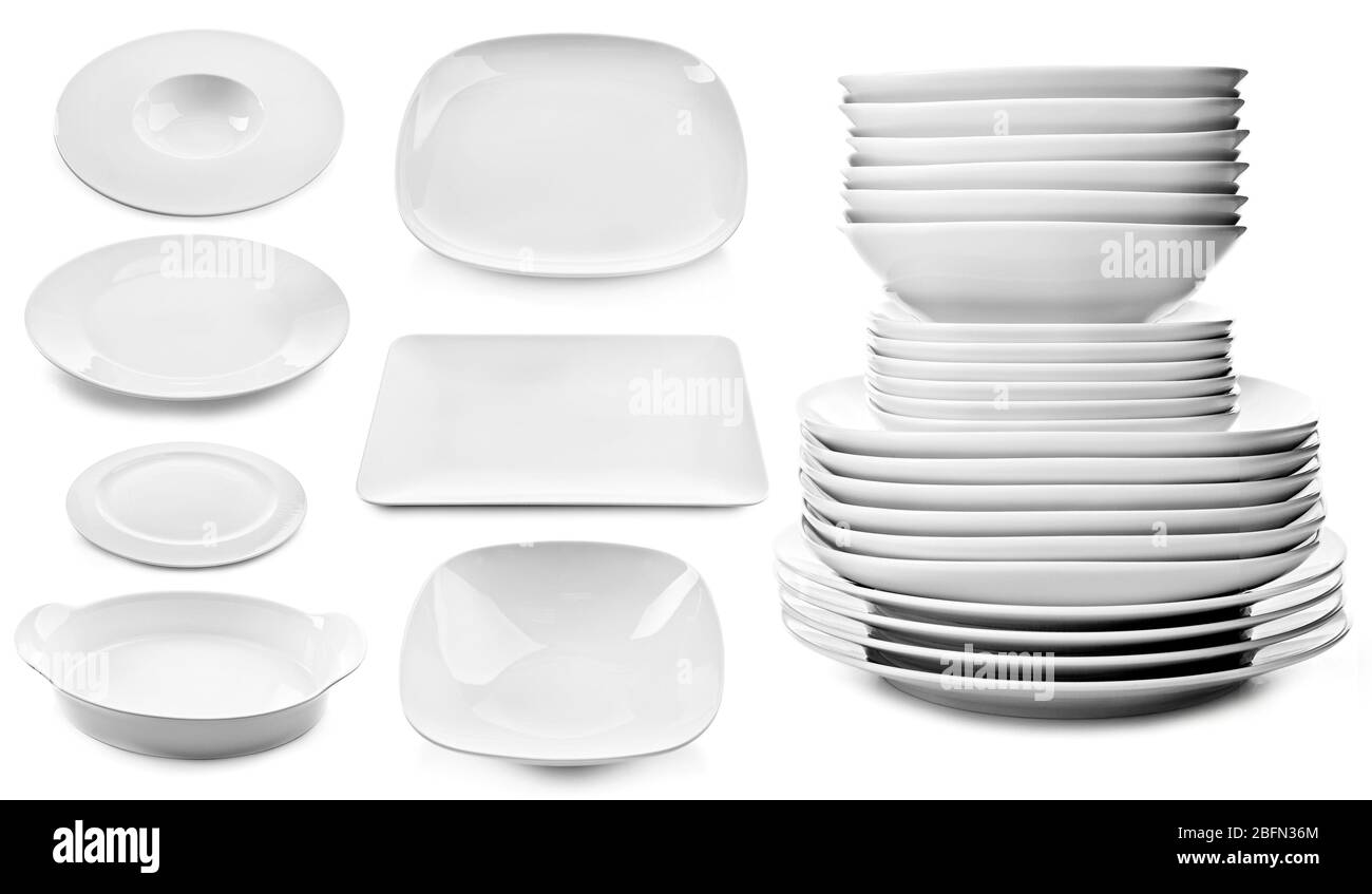Collage of different plates isolated on white Stock Photo - Alamy