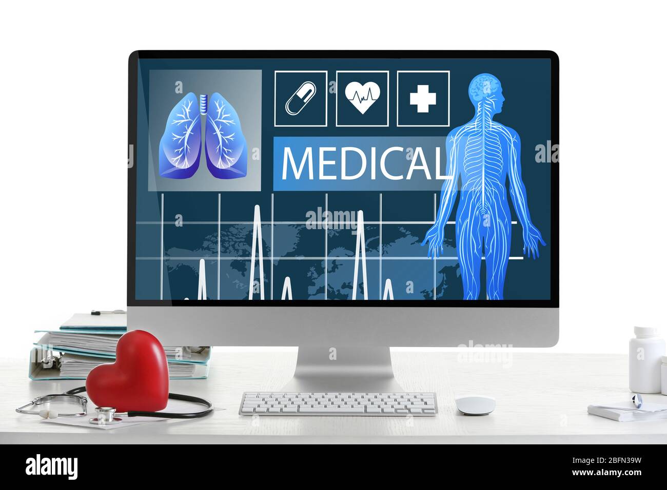 Medical icons on screen of computer in hospital Stock Photo - Alamy