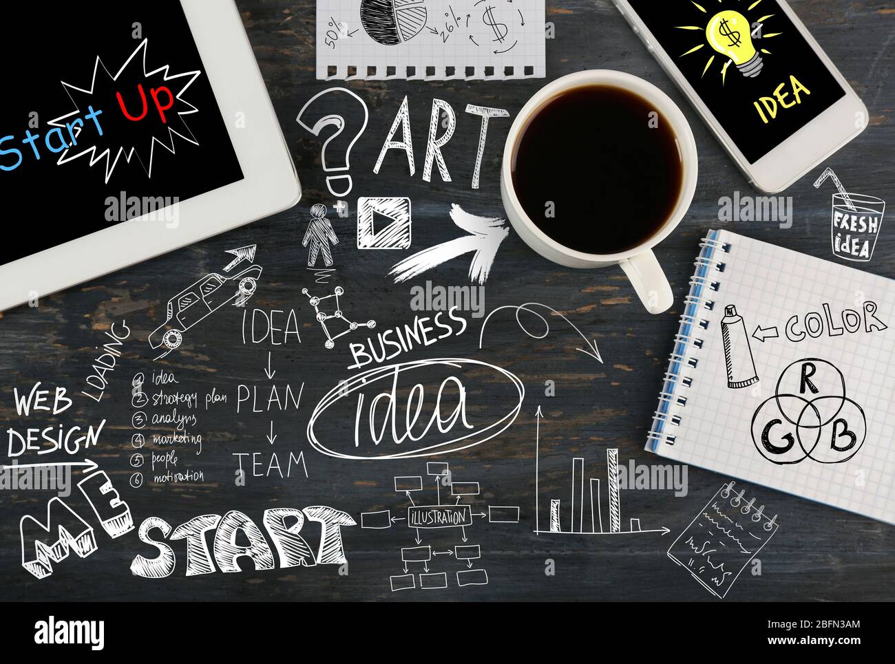 Desktop with illustrations, top view. Start up concept Stock Photo - Alamy