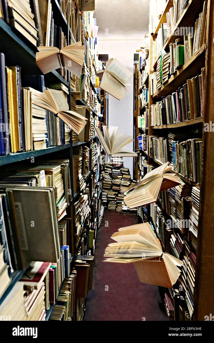 Flying books on library bookshelves background Stock Photo - Alamy