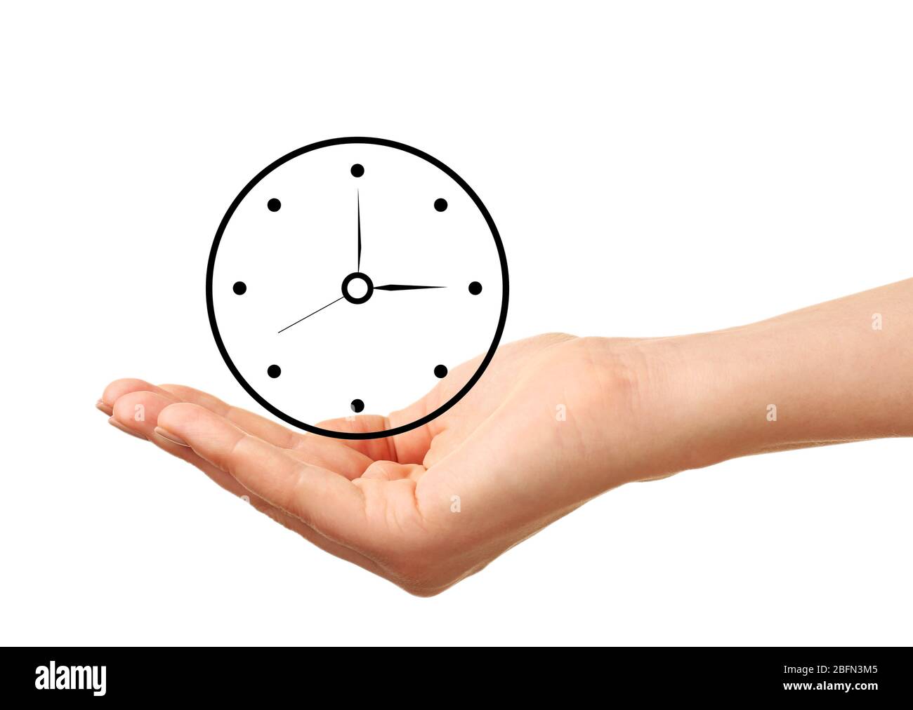 Female hand holding a clock isolated on white Stock Photo - Alamy