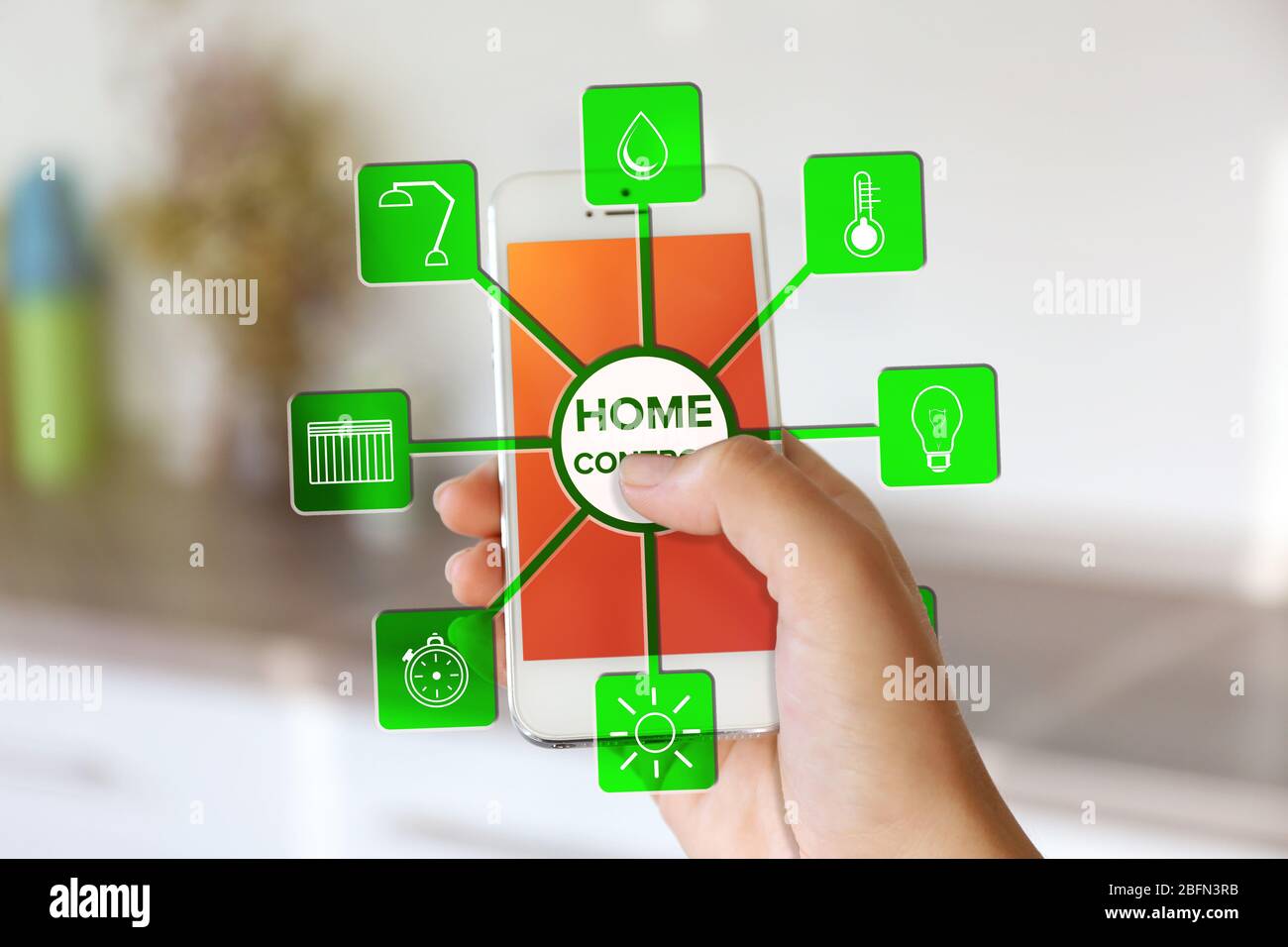 Using smart home app on phone. Smart home control concept Stock Photo ...