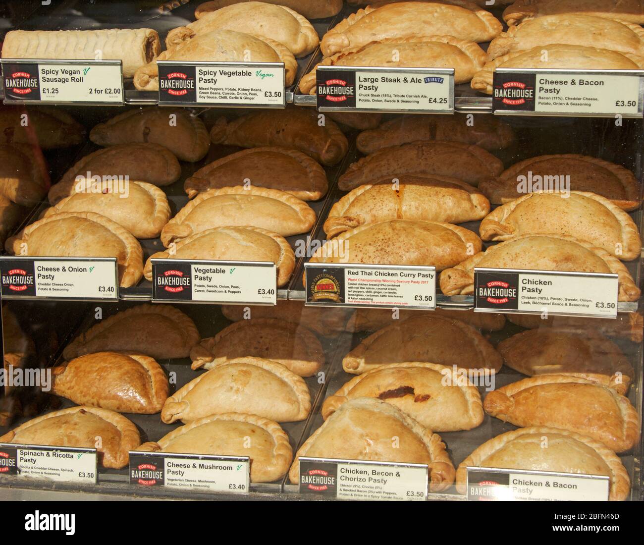 Display of Cornish pasties with various fillings St Ives Cornwall ...