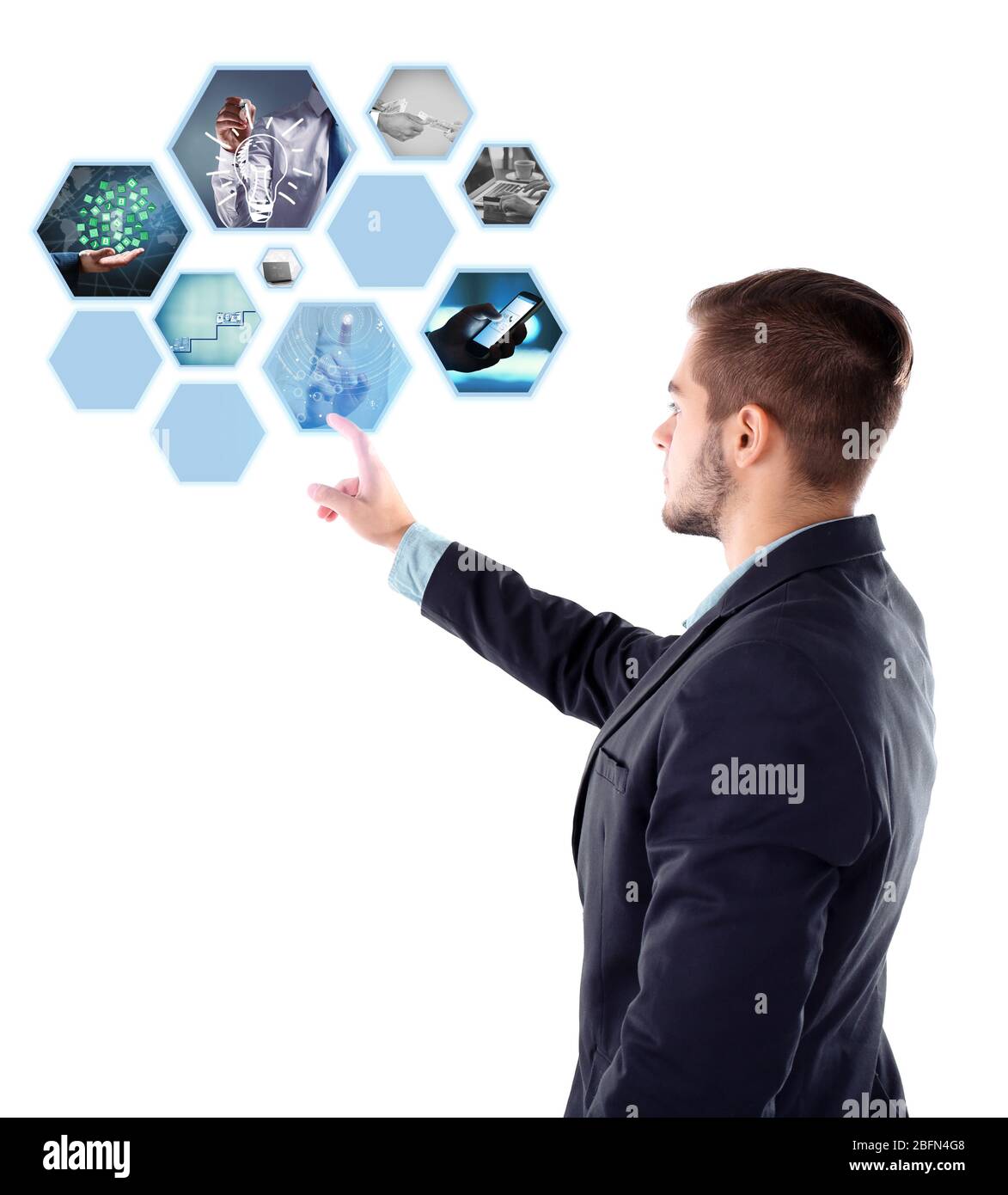 Man with preview digital business photos on virtual screen, concept of ...