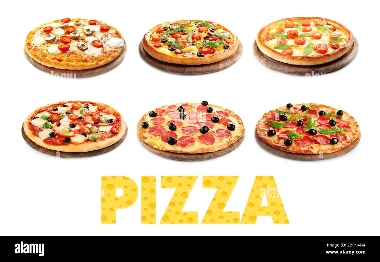 Set of different pizzas isolated on white Stock Photo - Alamy