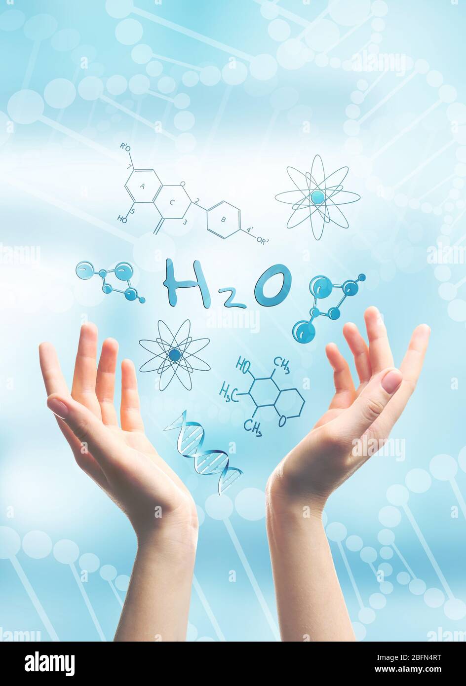 Scientist hands with chemical formulas. Concept of future technology ...