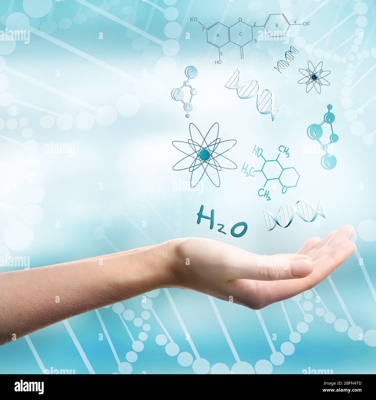 Scientist hand with chemical formulas. Concept of future technology ...