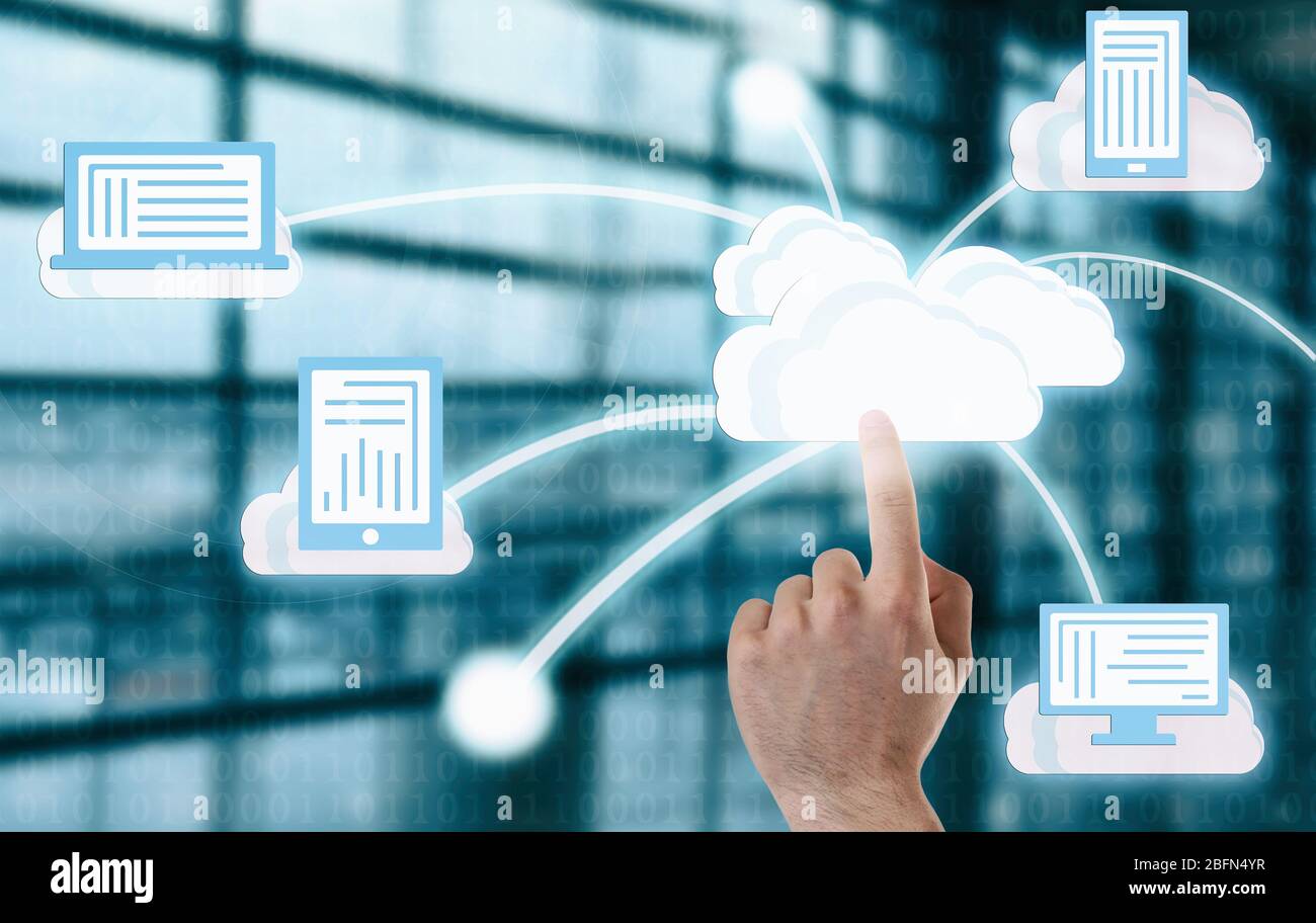 Male hand pushing touch cloud computing button on virtual screen Stock Photo - Alamy