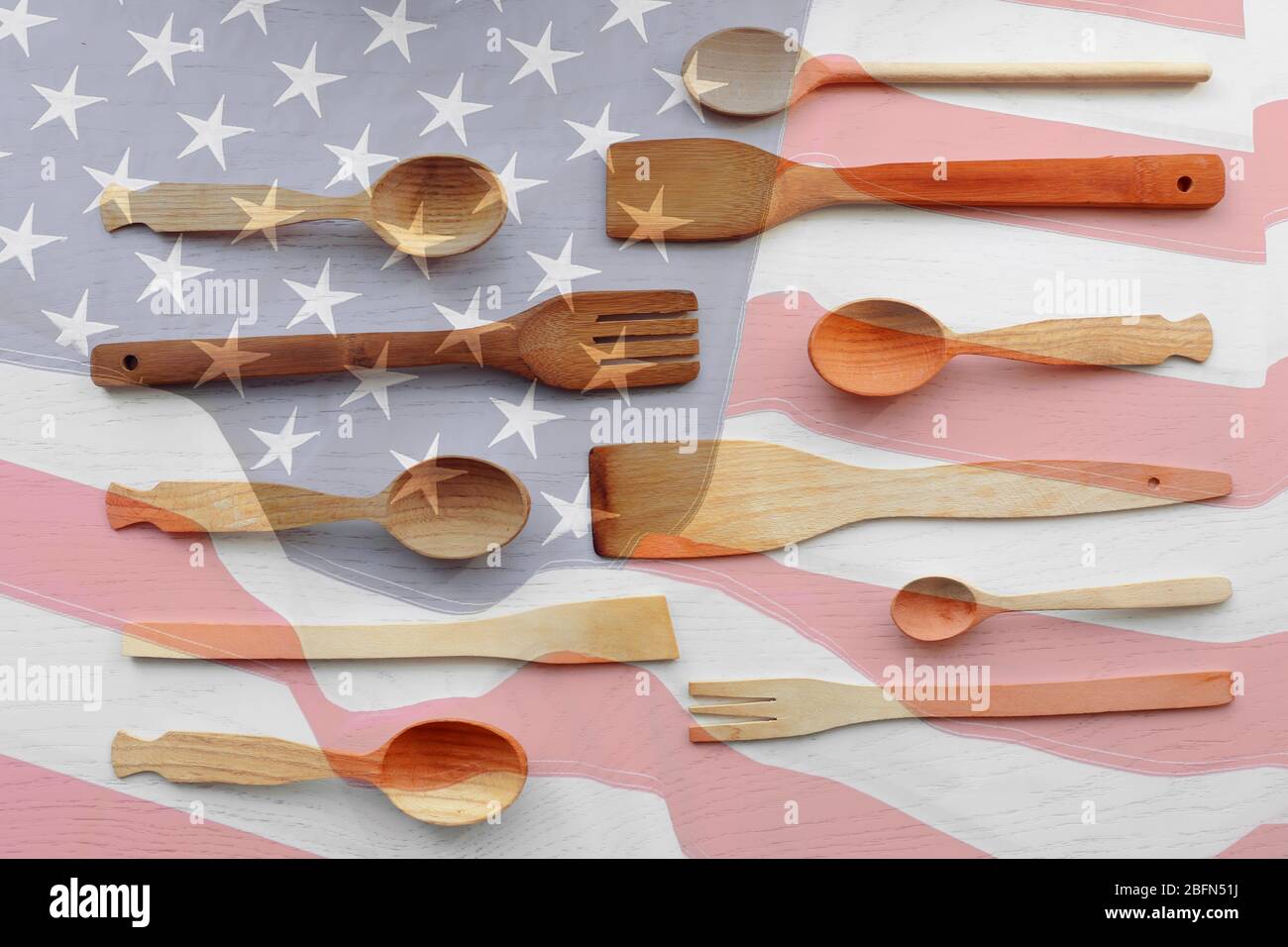 Wooden cutlery set, top view. American cuisine food concept Stock Photo ...