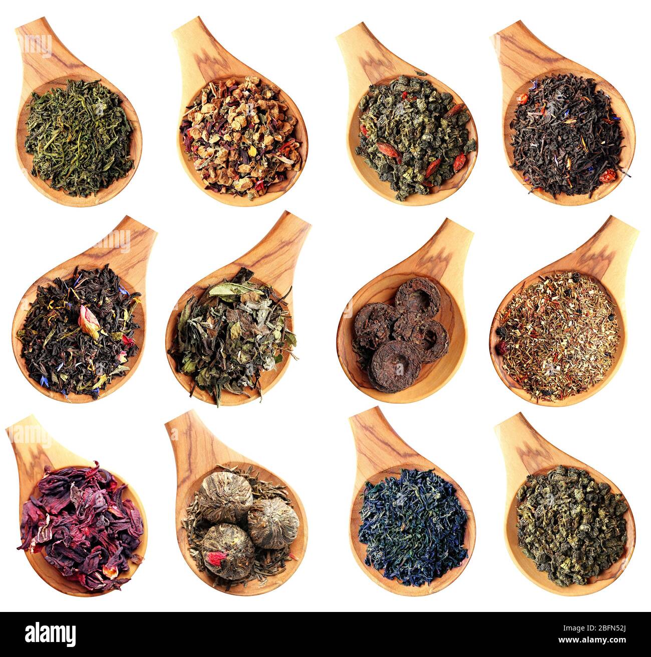 Set of different tea in wooden spoons, isolated on white Stock Photo ...