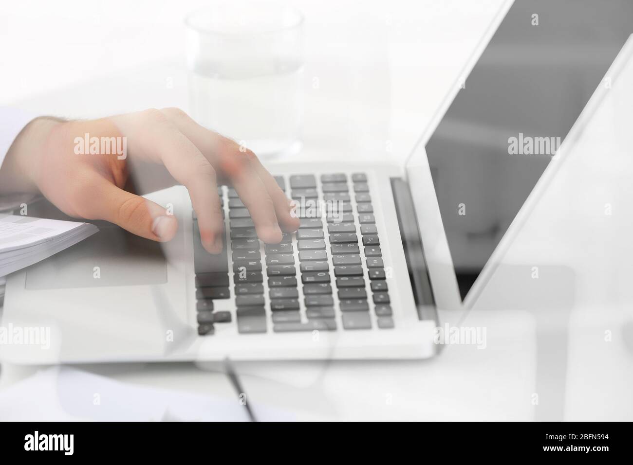 Open space office workplace view through glass with reflection Stock ...