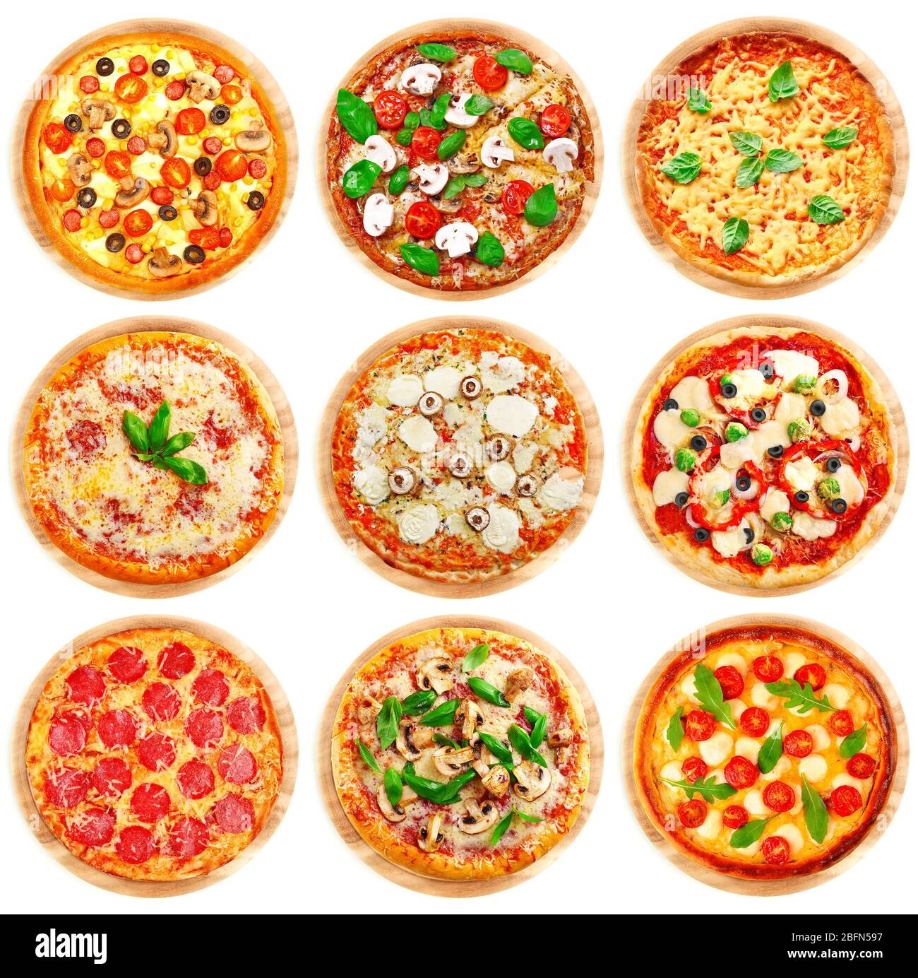 Set of different pizzas isolated on white Stock Photo - Alamy