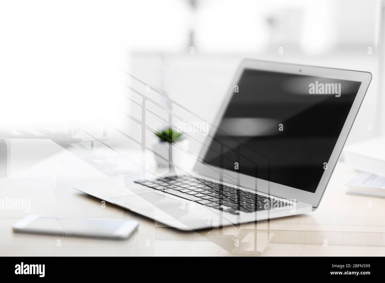 Open space office workplace view through glass with reflection Stock ...