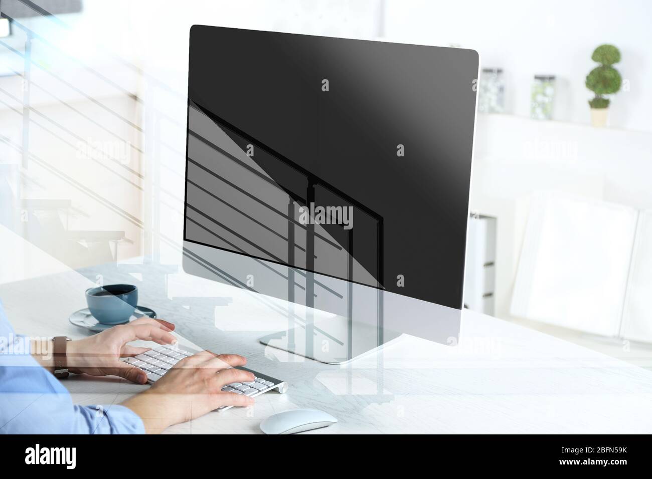 Open space office workplace view through glass with reflection Stock ...