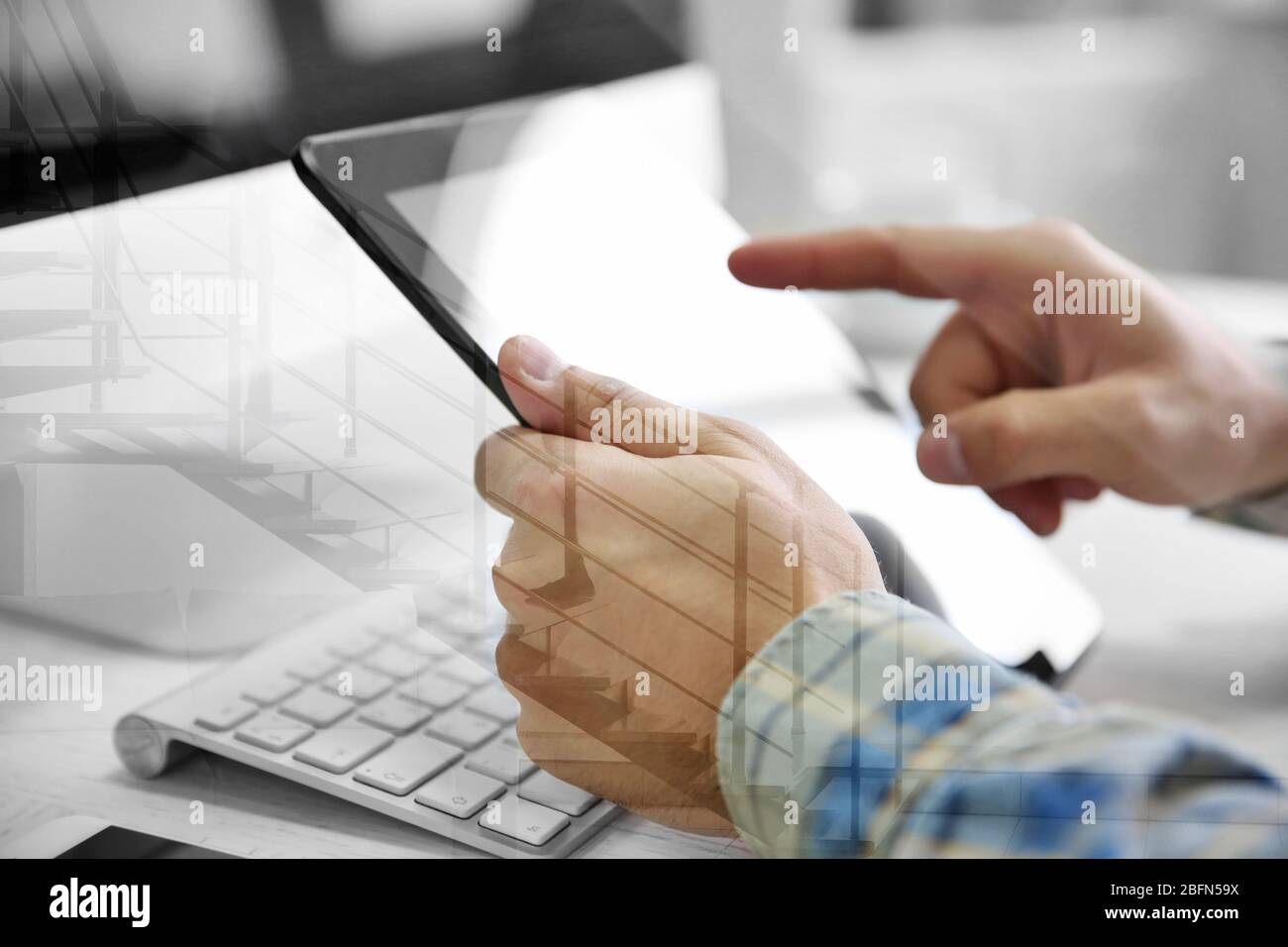 Open space office workplace view through glass with reflection Stock ...