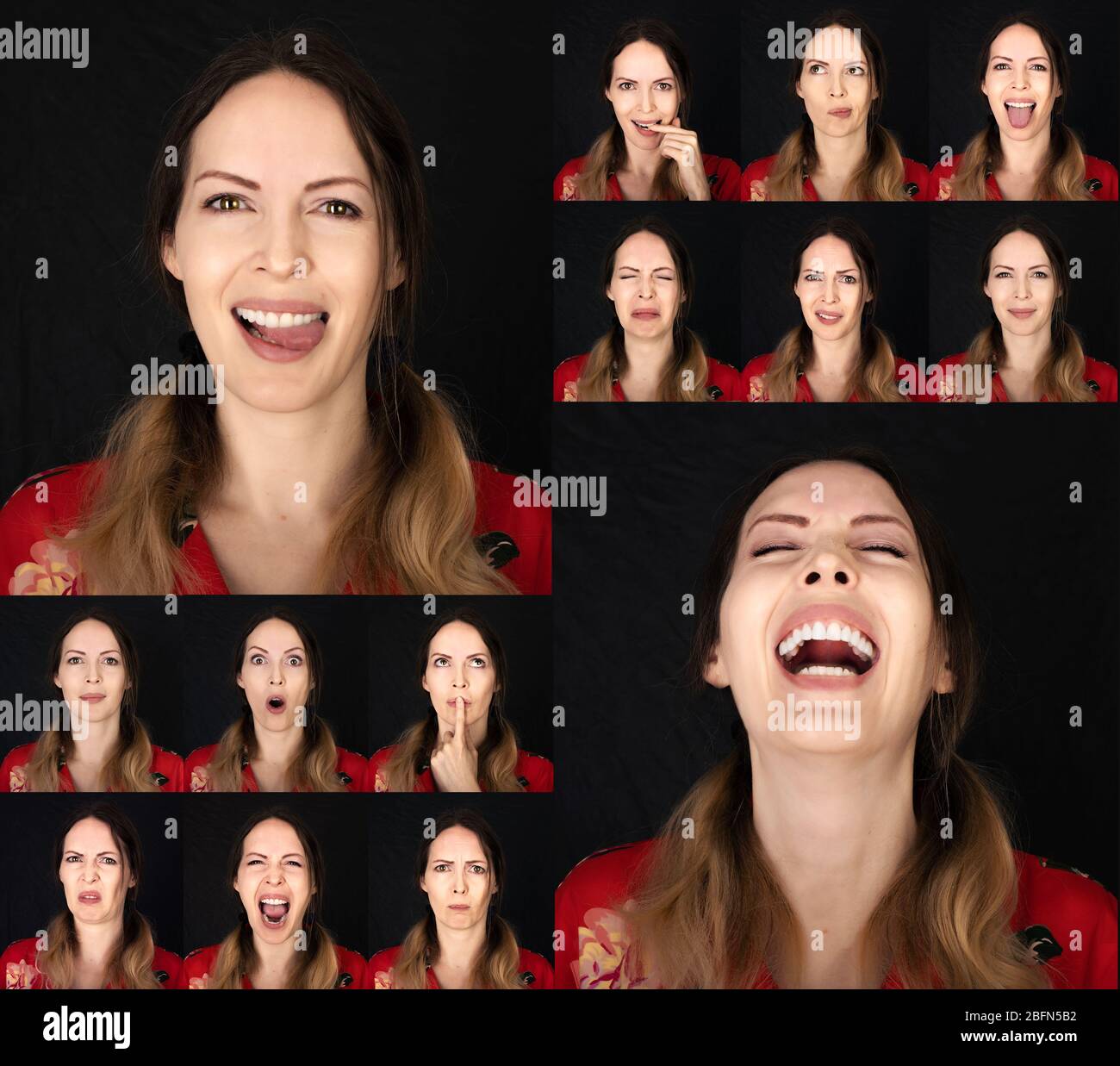 Actor Emotion Card. Collage of Young adult woman with various ...