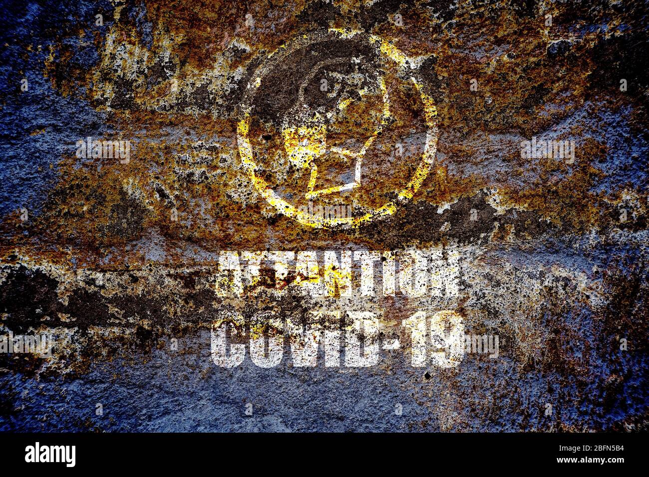 Attention sign on plastered old wall. warning sign with virus danger ...