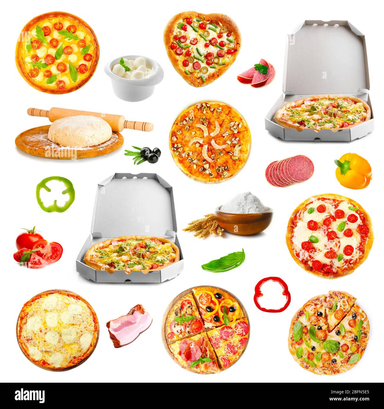 Collage of pizza and ingredients isolated of white Stock Photo - Alamy