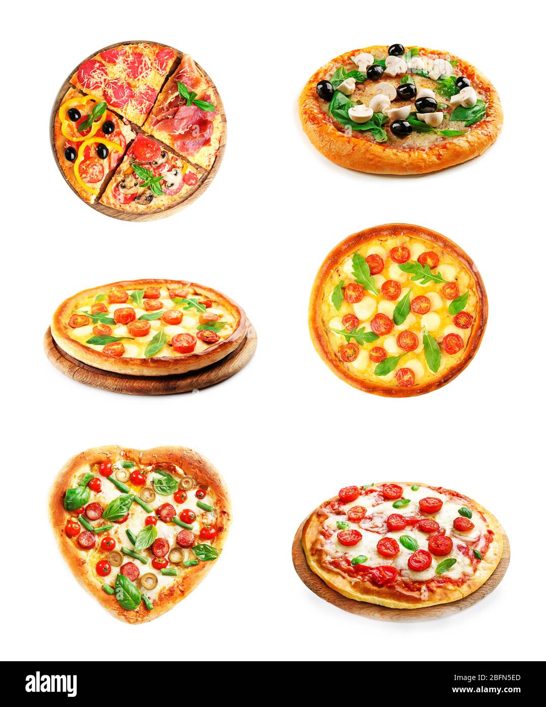 Collage of different pizzas isolated on white Stock Photo - Alamy