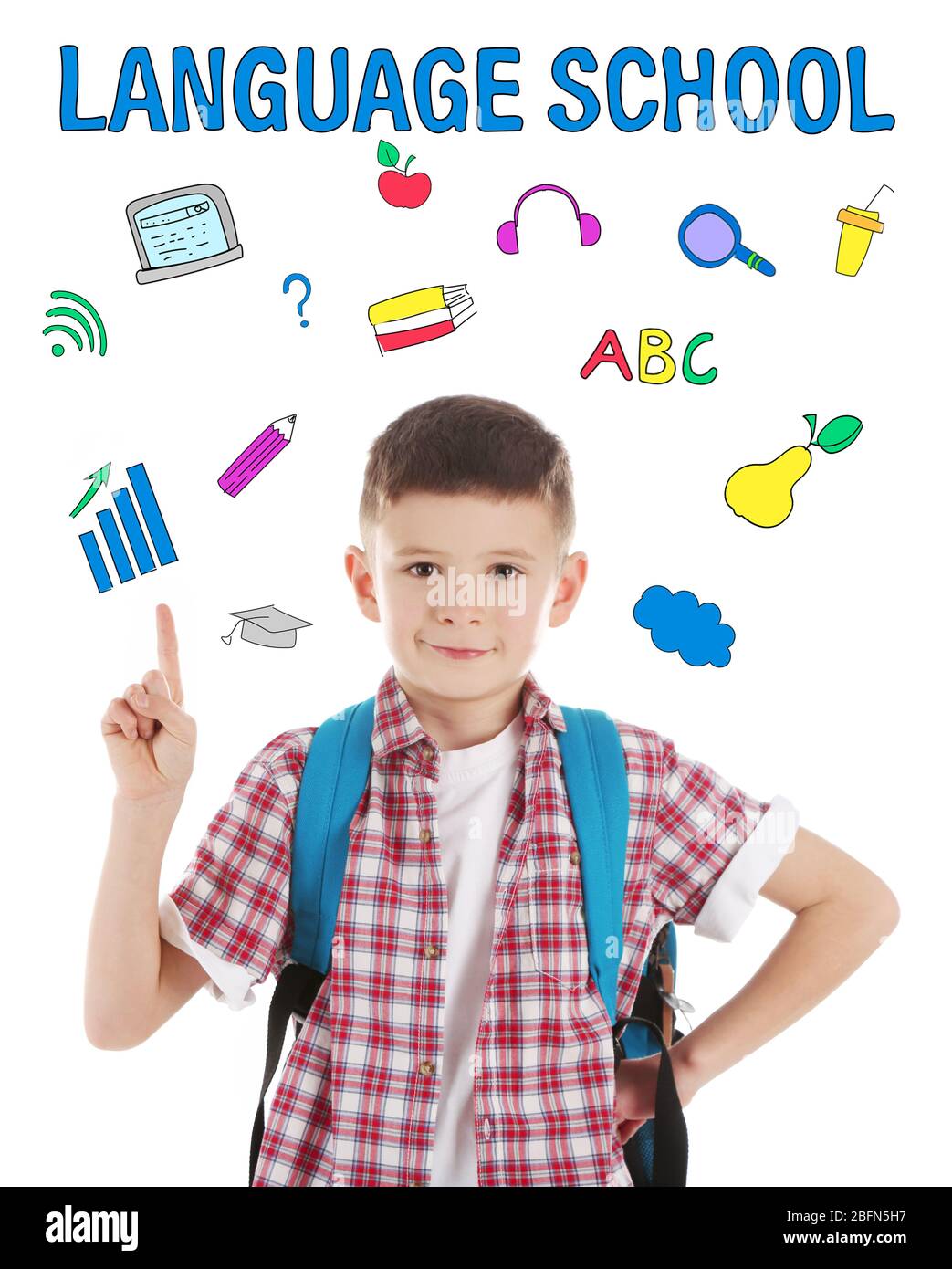 Language school concept with schoolboy Stock Photo - Alamy