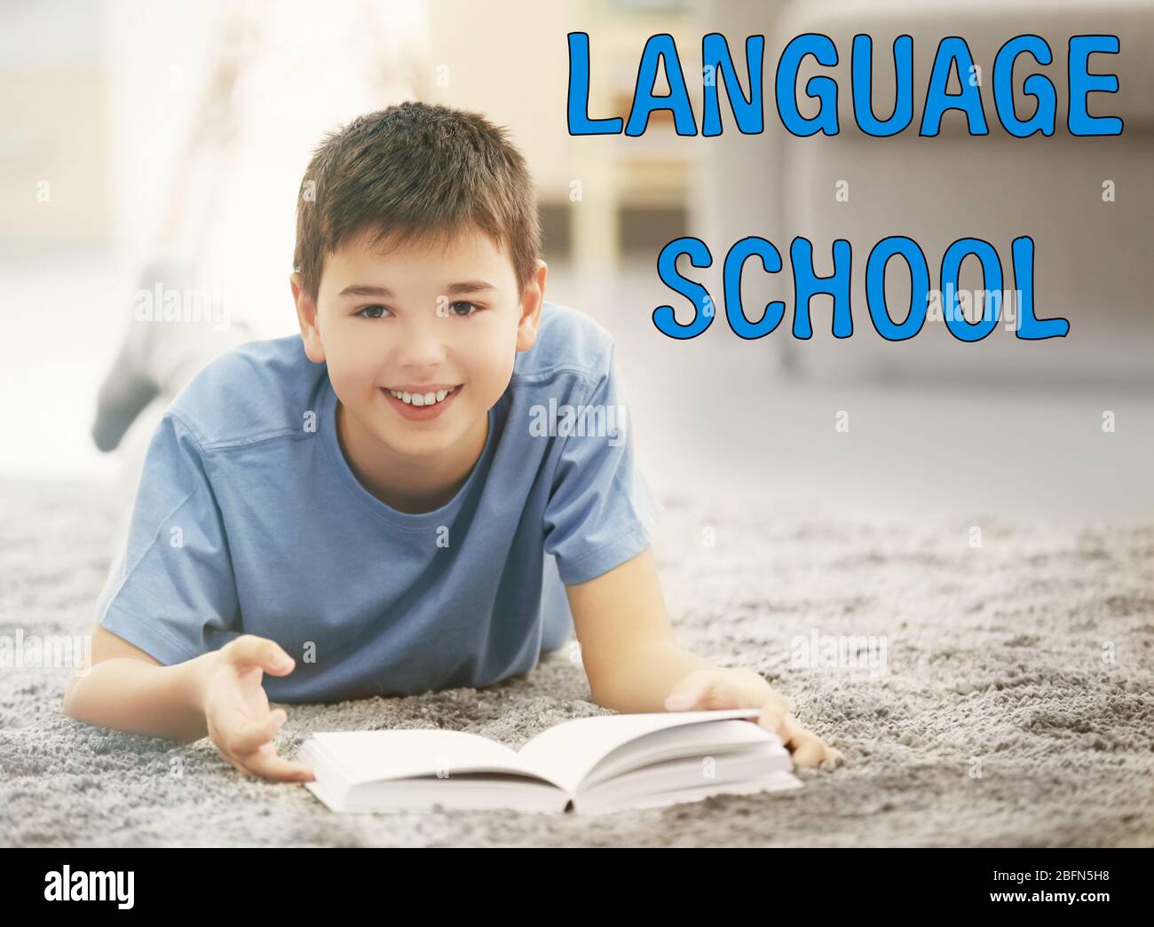 Language school concept with schoolboy Stock Photo - Alamy