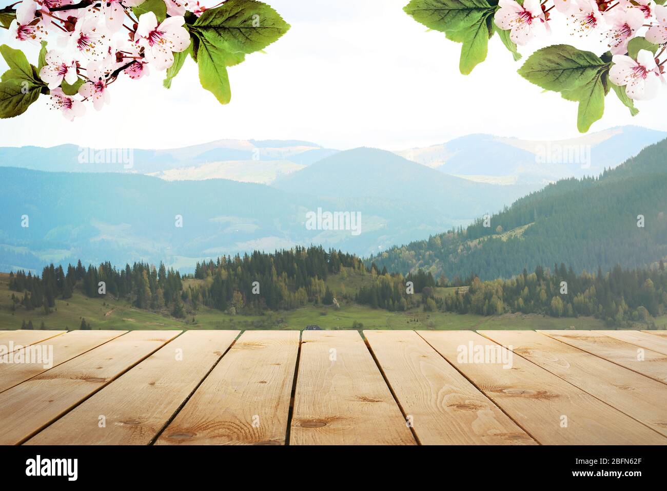 Nature landscape. Wooden terrace with mountains and blooming trees ...