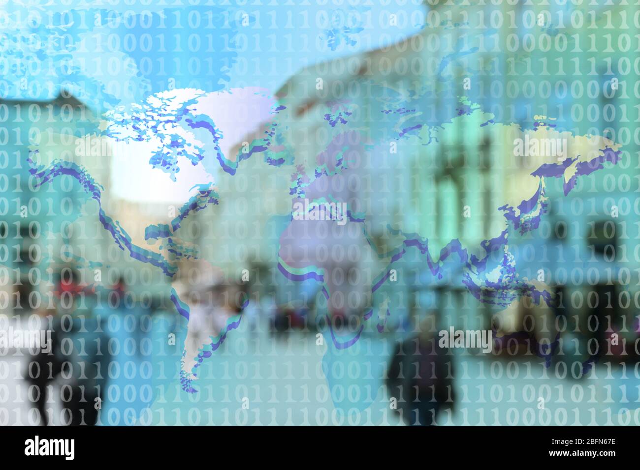 Blur abstract peoples background with binary code and map of world. Technology concept Stock ...