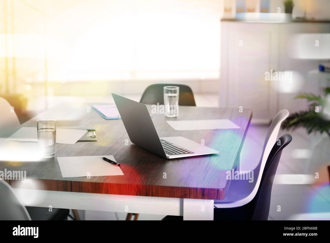 Open space office workplace view through glass with reflection Stock ...