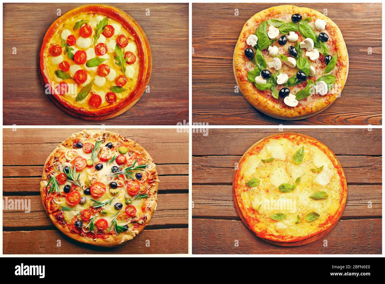 Collage of different pizza on wooden background Stock Photo - Alamy