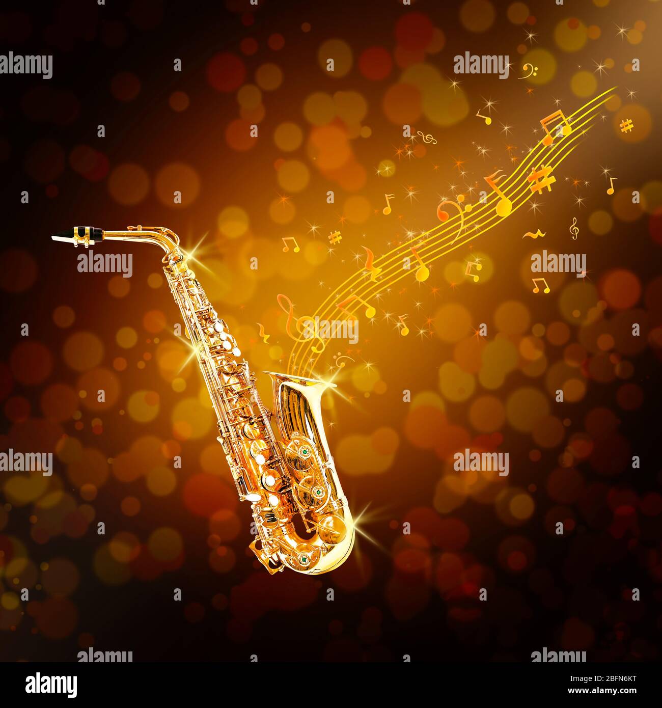 Golden saxophone and flowing notes against brown background Stock Photo ...