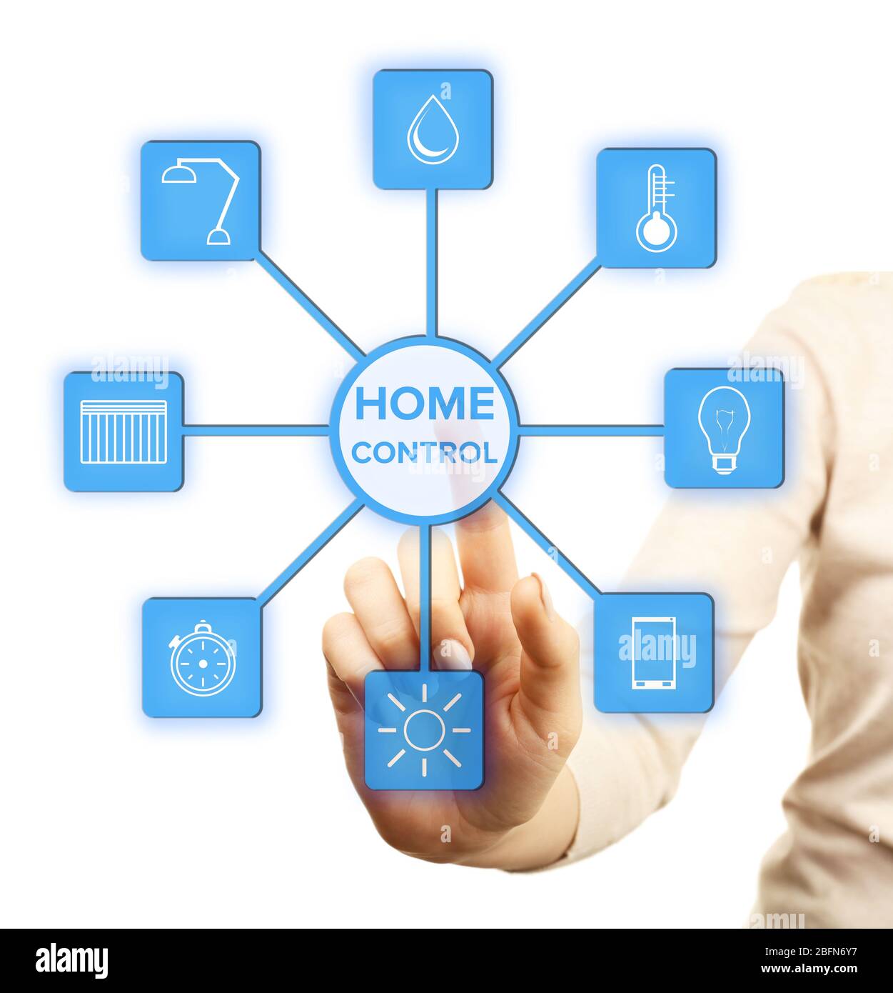 Using smart home app on virtual screen. Smart home control concept ...