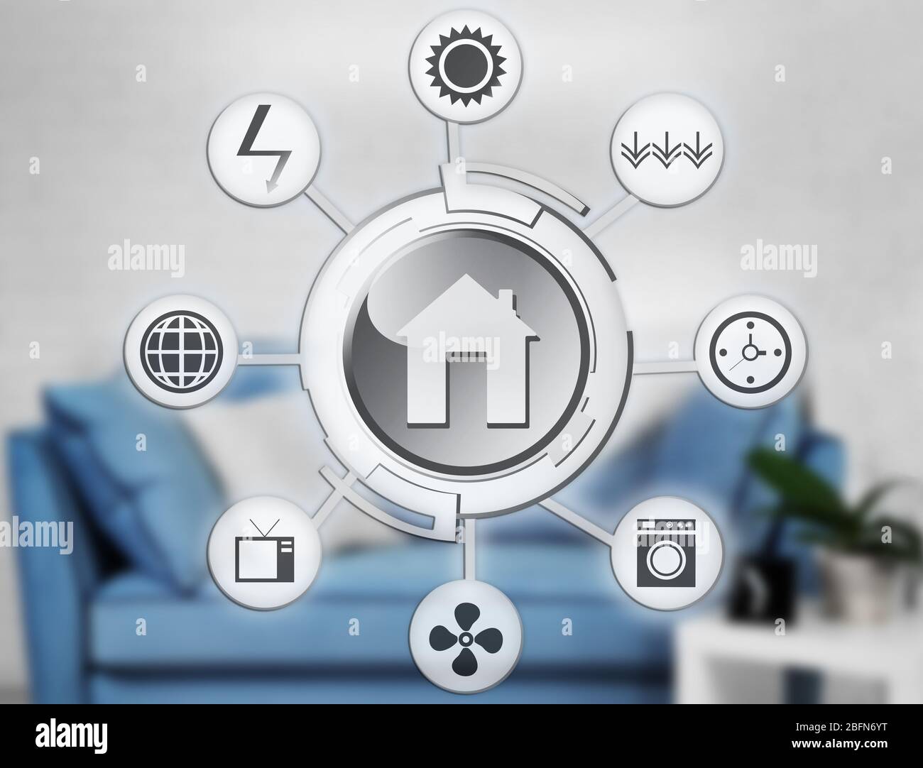 Smart home control concept. Modern living room with blue sofa Stock ...